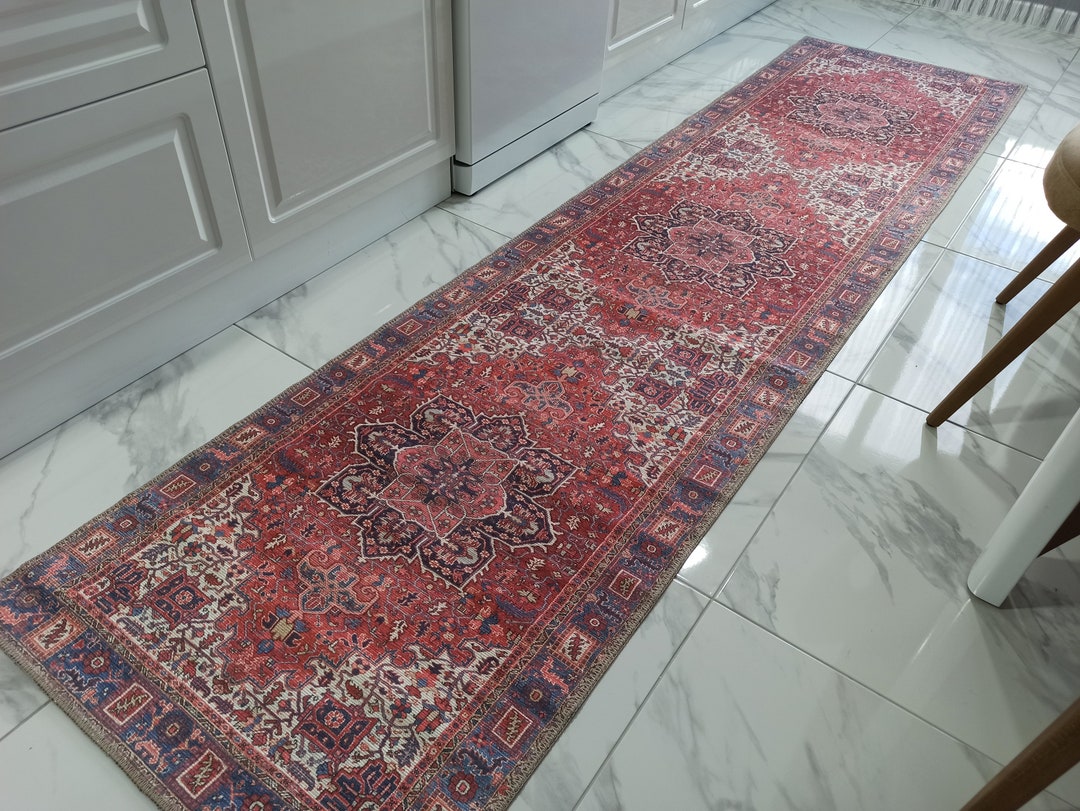 SARA Pink Persian Heriz Runner Rug Antique Faded Coral Red Pink ...