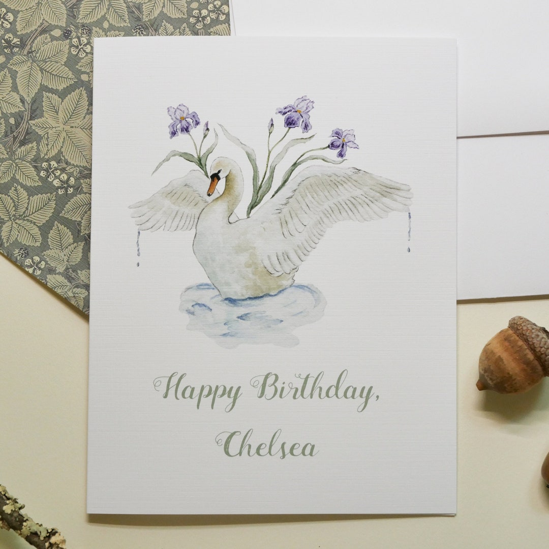 Custom Swan Birthday Card: Watercolor Iris, Personalized Card - Etsy