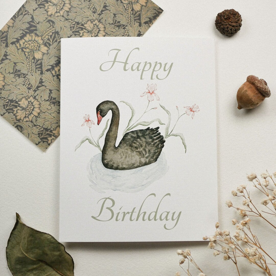 Black Swan and Iris Birthday Card, Swan Lake Birthday Card, Watercolor ...