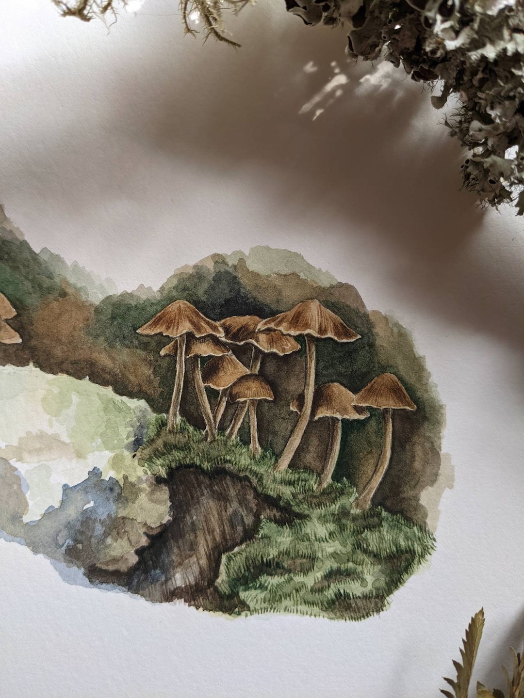 Original Watercolor Painting of Mushrooms on Mossy Log. Mushroom Art ...