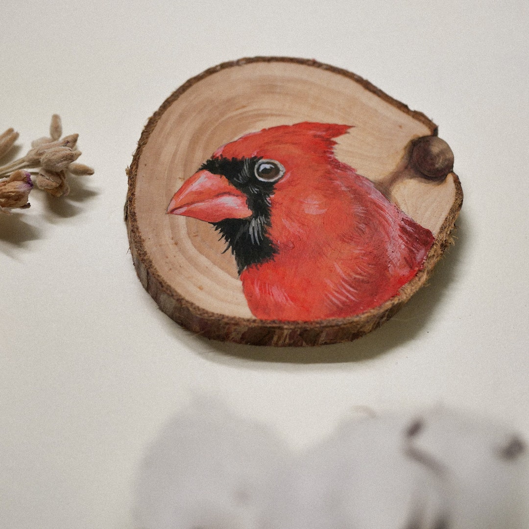 Original Red Cardinal Painting, Bird Art, Red Cardinal Wood Slice ...