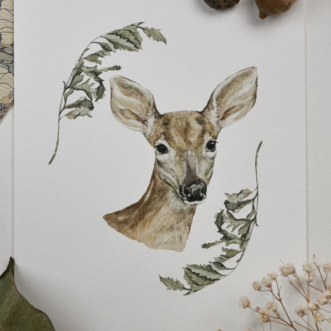 Deer and Ferns Art Print | 5x7 Watercolor Art Print | Fawn Wall Art ...