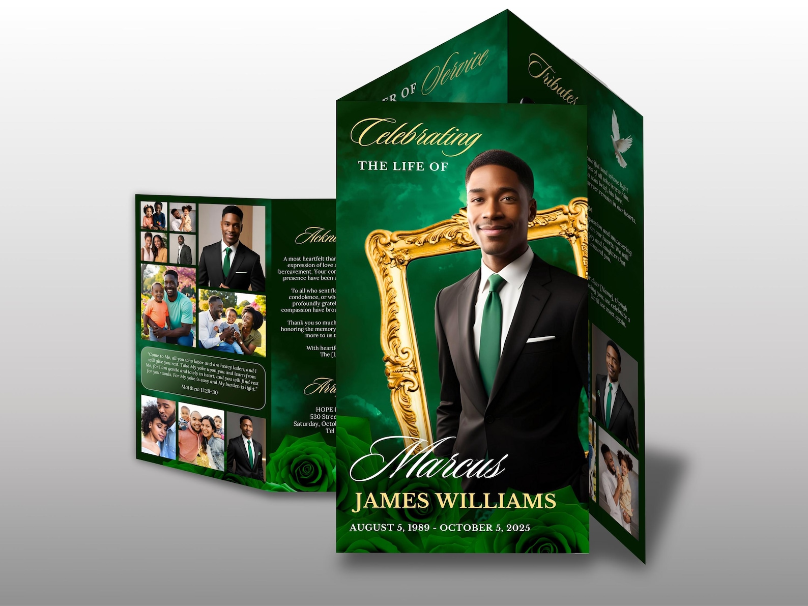 Funeral Program Template Green, Obituary Program, Memorial Brochure ...