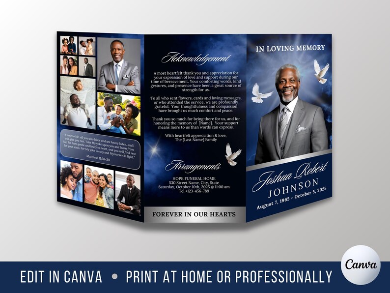 Blue Silver Funeral Program Template, Obituary Program, Memorial ...