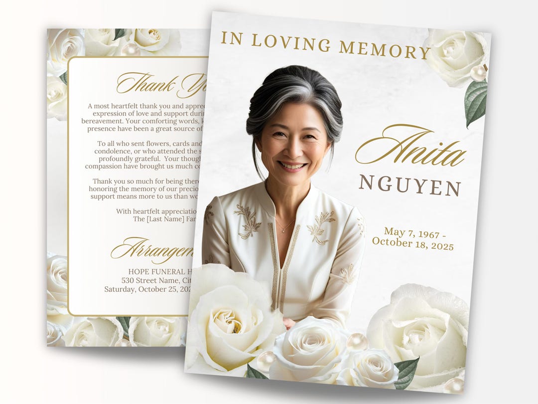 8 Page Roses & Pearls Funeral Program, 11"x17" Elegant Obituary Program ...
