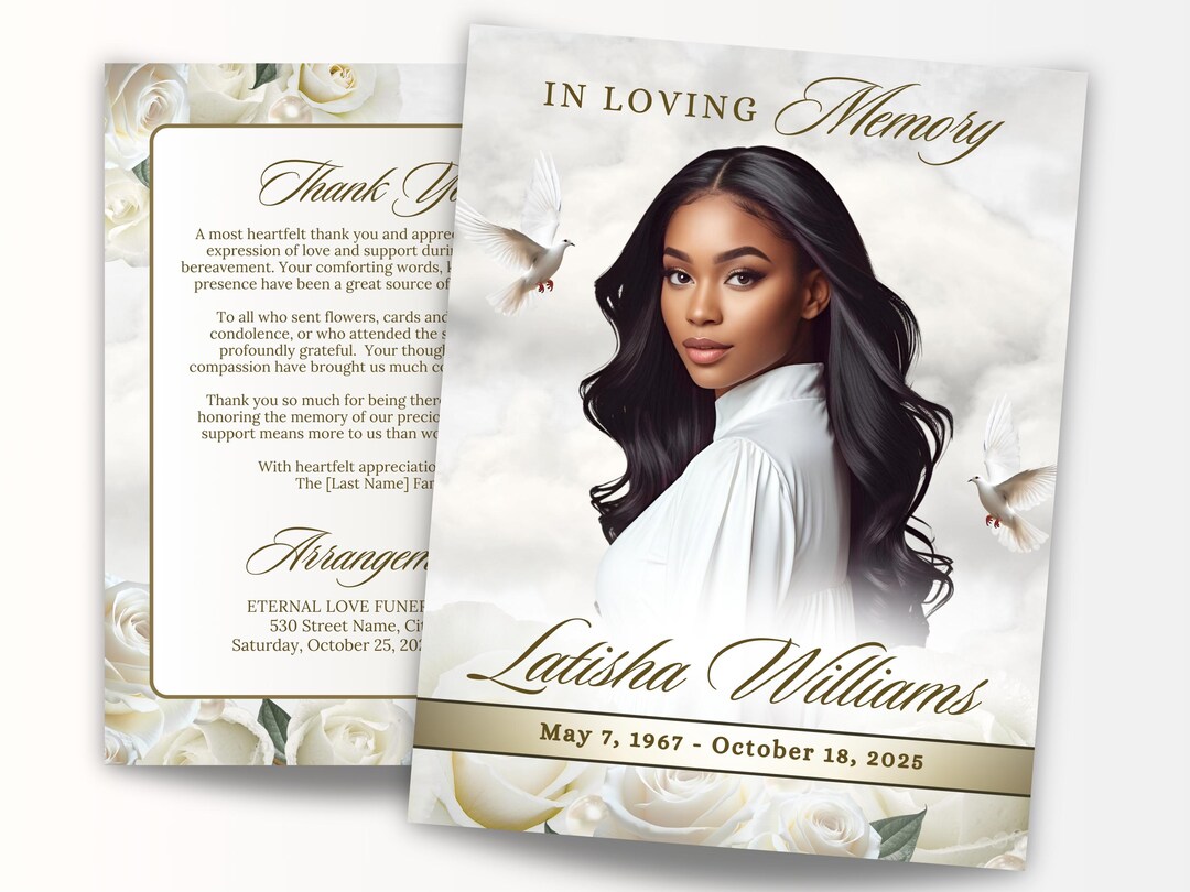 8 Page Beige Sky Funeral Program Template, 17"x11" Elegant Obituary ...