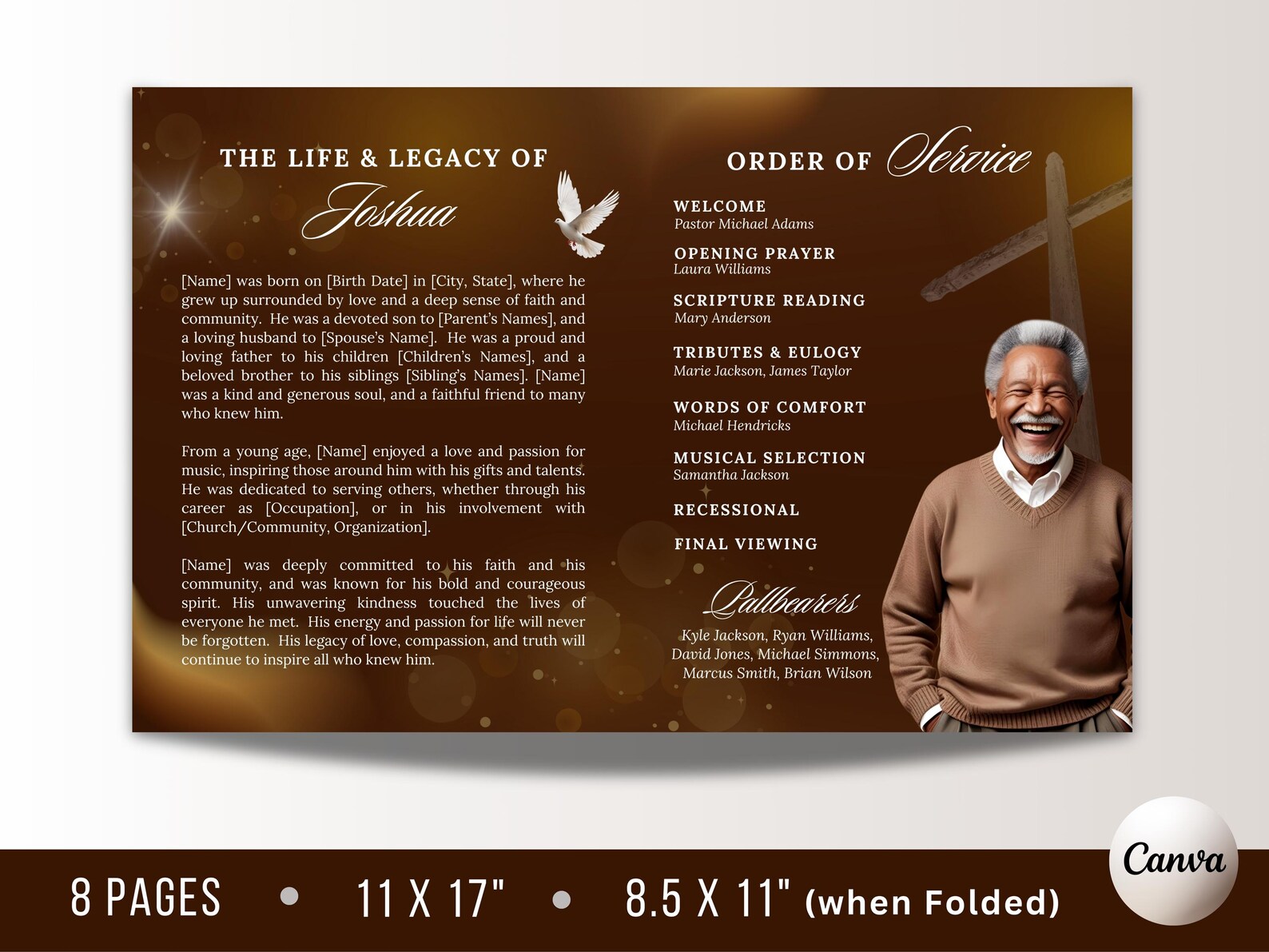 8 Page Brown & Gold Funeral Memorial Program, 8.5x11 Elegant Obituary ...