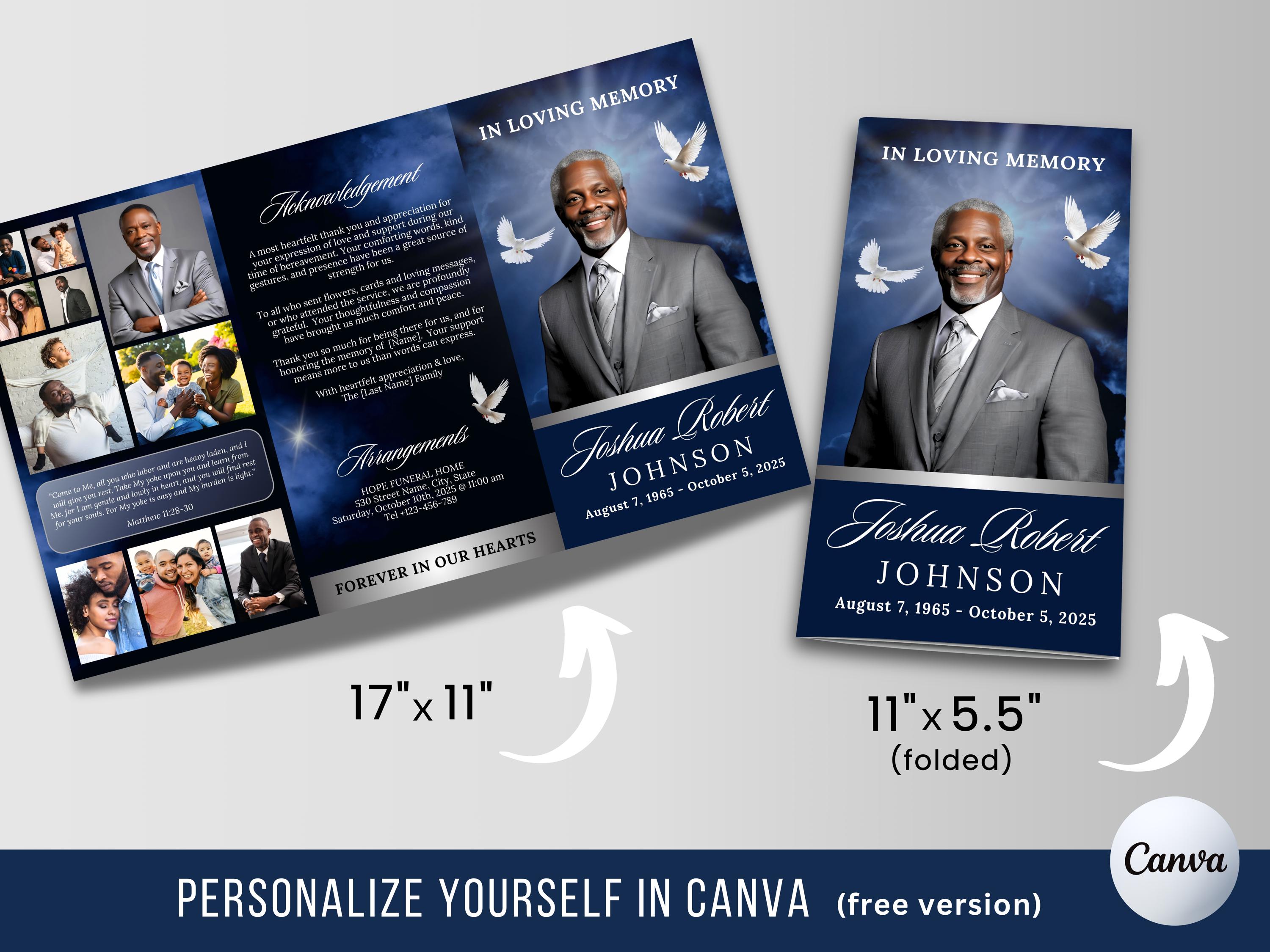 Blue Silver Funeral Program Template, Obituary Program, Memorial ...
