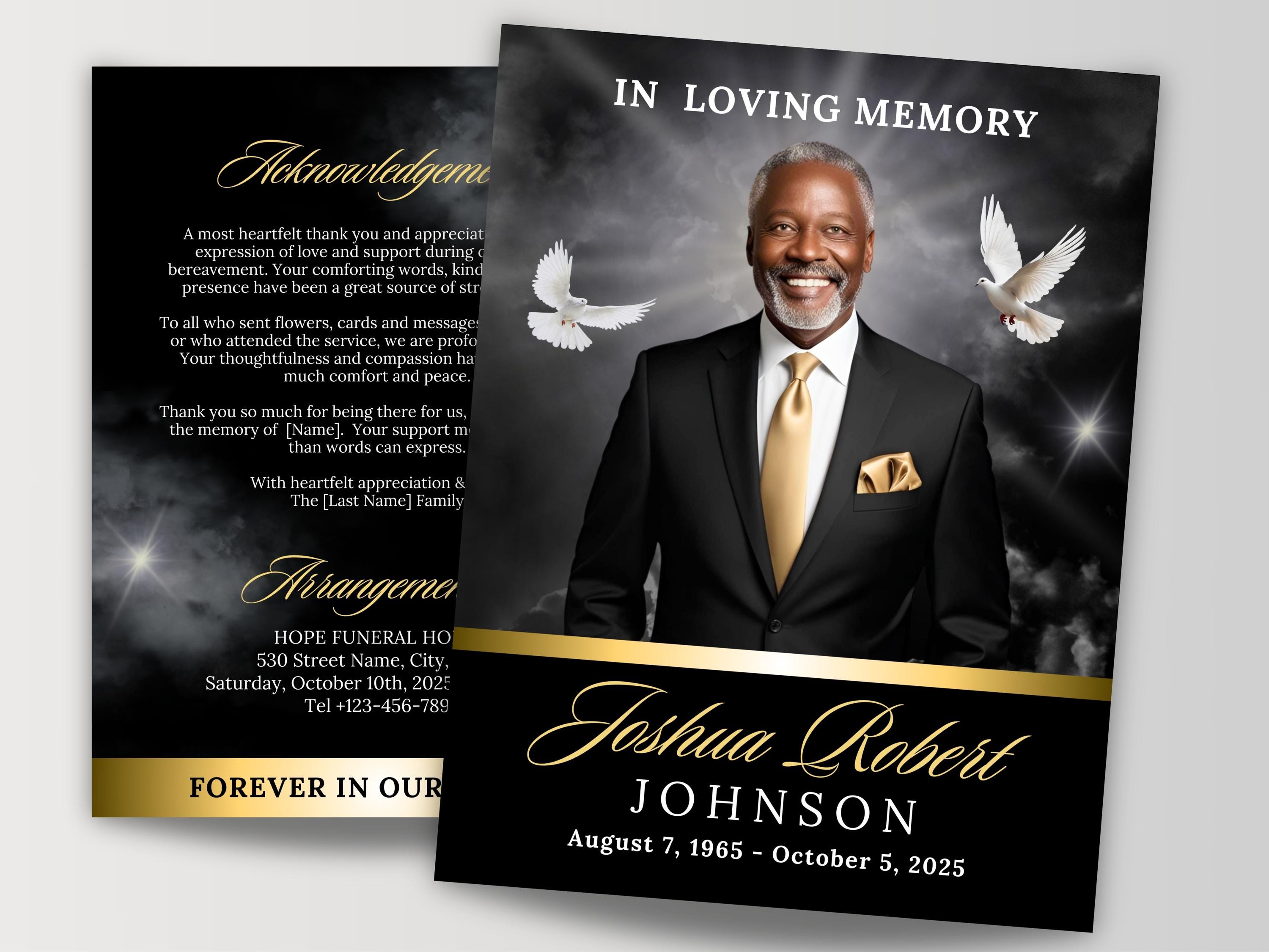 8 Page Black Gold Funeral Template, 8.5x11" Elegant Black Obituary ...