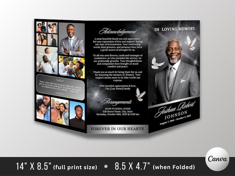 Black Silver Trifold Memorial Program, Funeral Obituary Program, 14"x8 ...