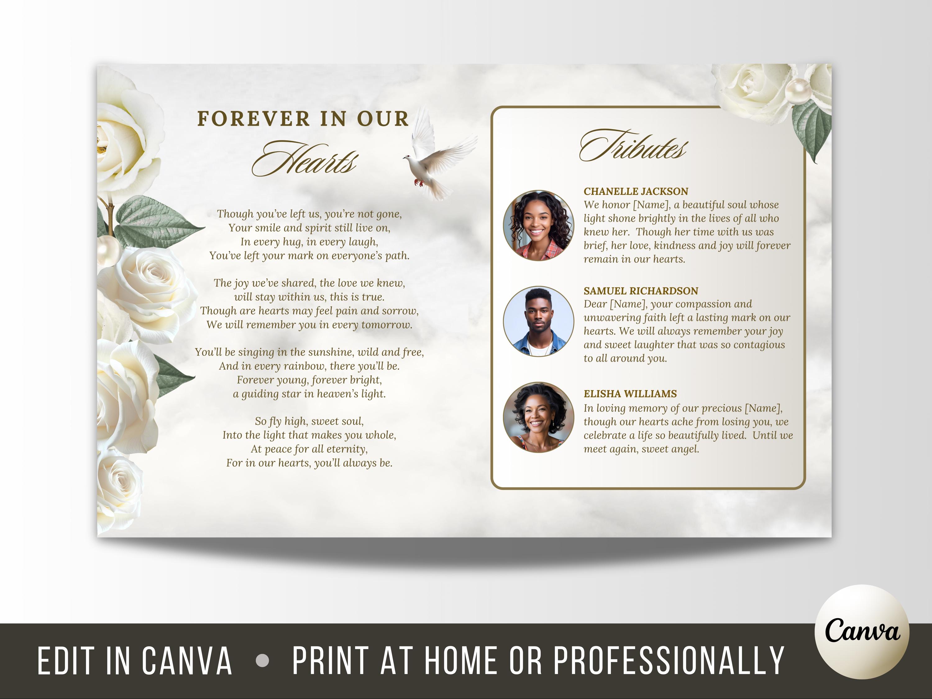 8 Page Beige Sky Funeral Program Template, 17"x11" Elegant Obituary ...