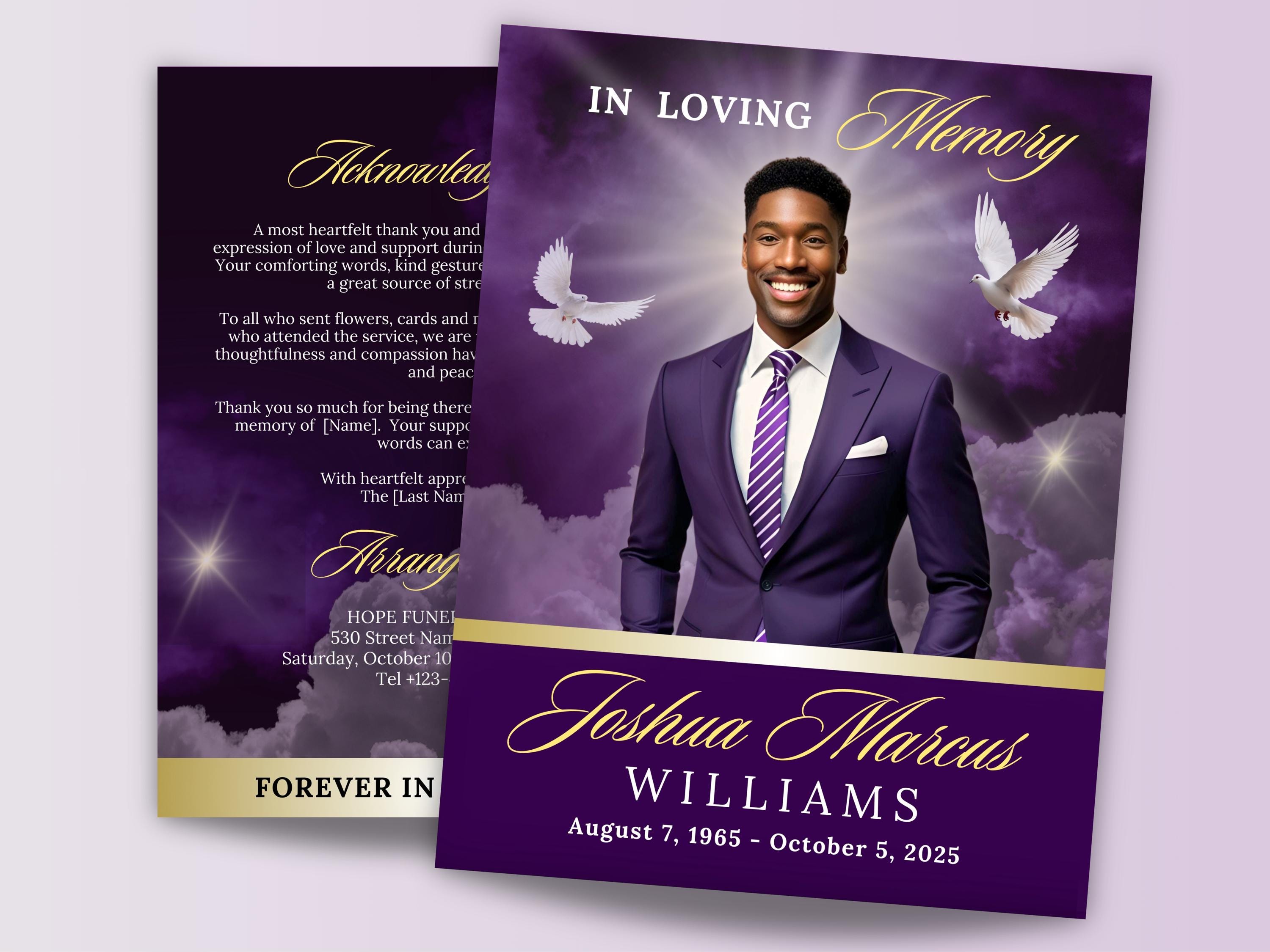 8 Page Purple Funeral Memorial Program, 17"x11" Obituary Program, 8.5 ...