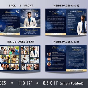 8 Page Blue Funeral Memorial Program, 17"x11" Obituary Program, 8.5"x11 ...