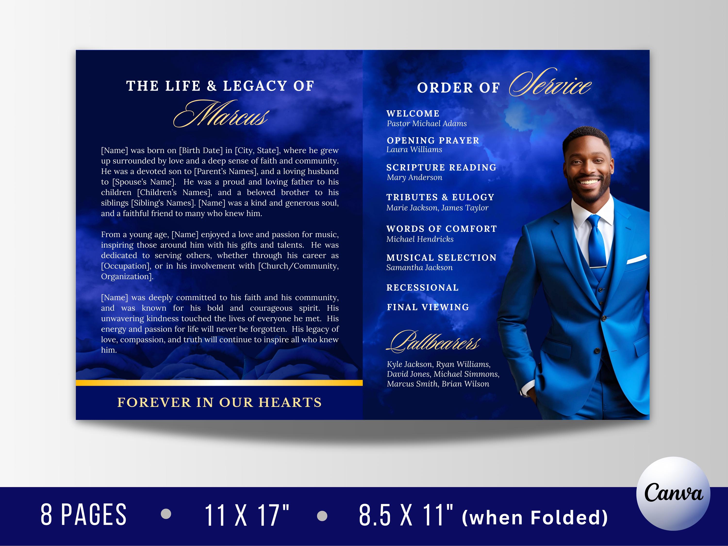 8.5"x11" Royal Blue Gold Funeral Program, 17"x11" Memorial Program ...