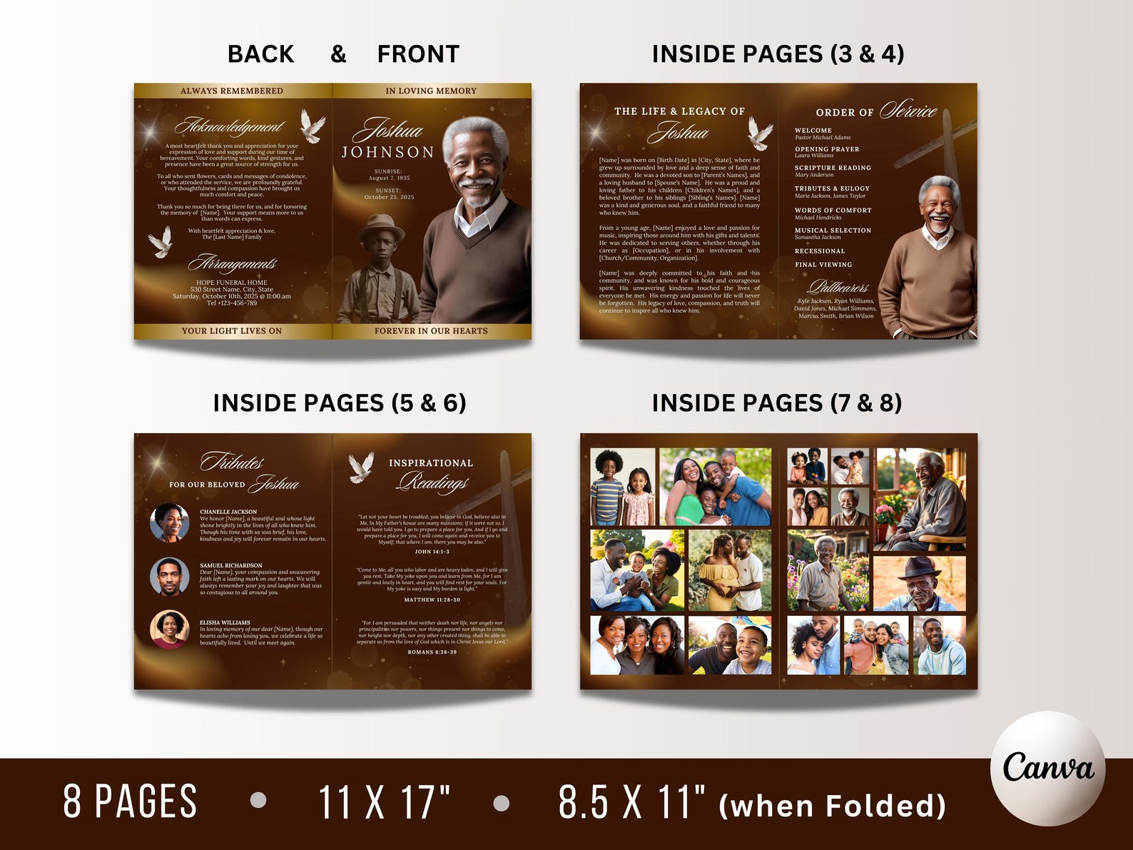 8 Page Brown & Gold Funeral Memorial Program, 8.5x11 Elegant Obituary ...