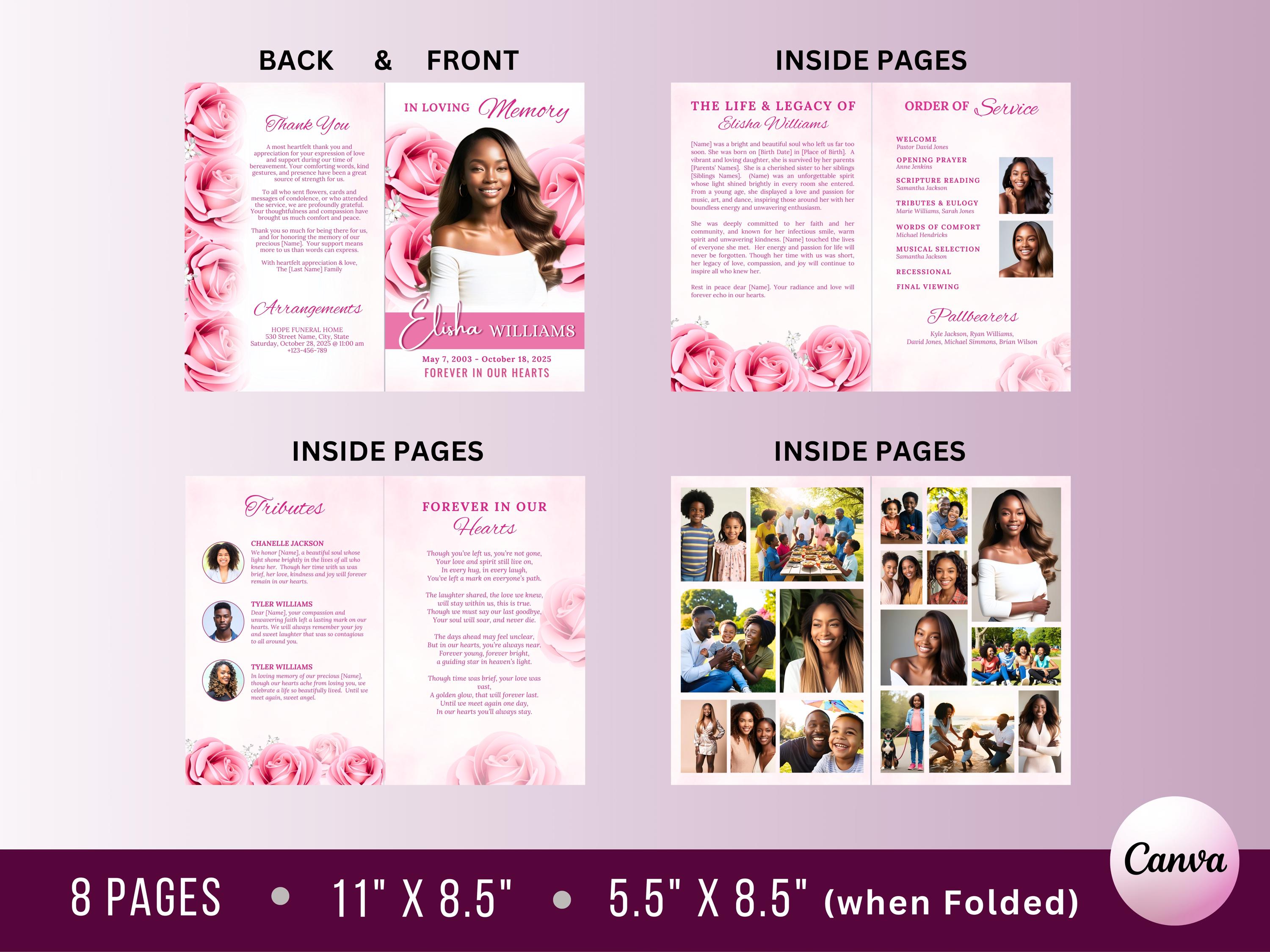 Pink Roses Funeral Program Template, 8.5" X 11" Obituary Program, 8 ...