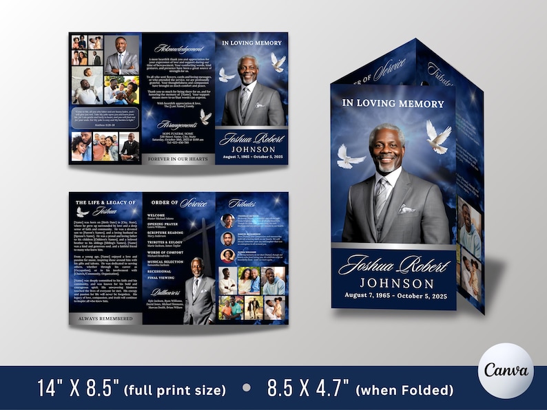 Blue Funeral Program Template, Obituary Program, Memorial Brochure ...
