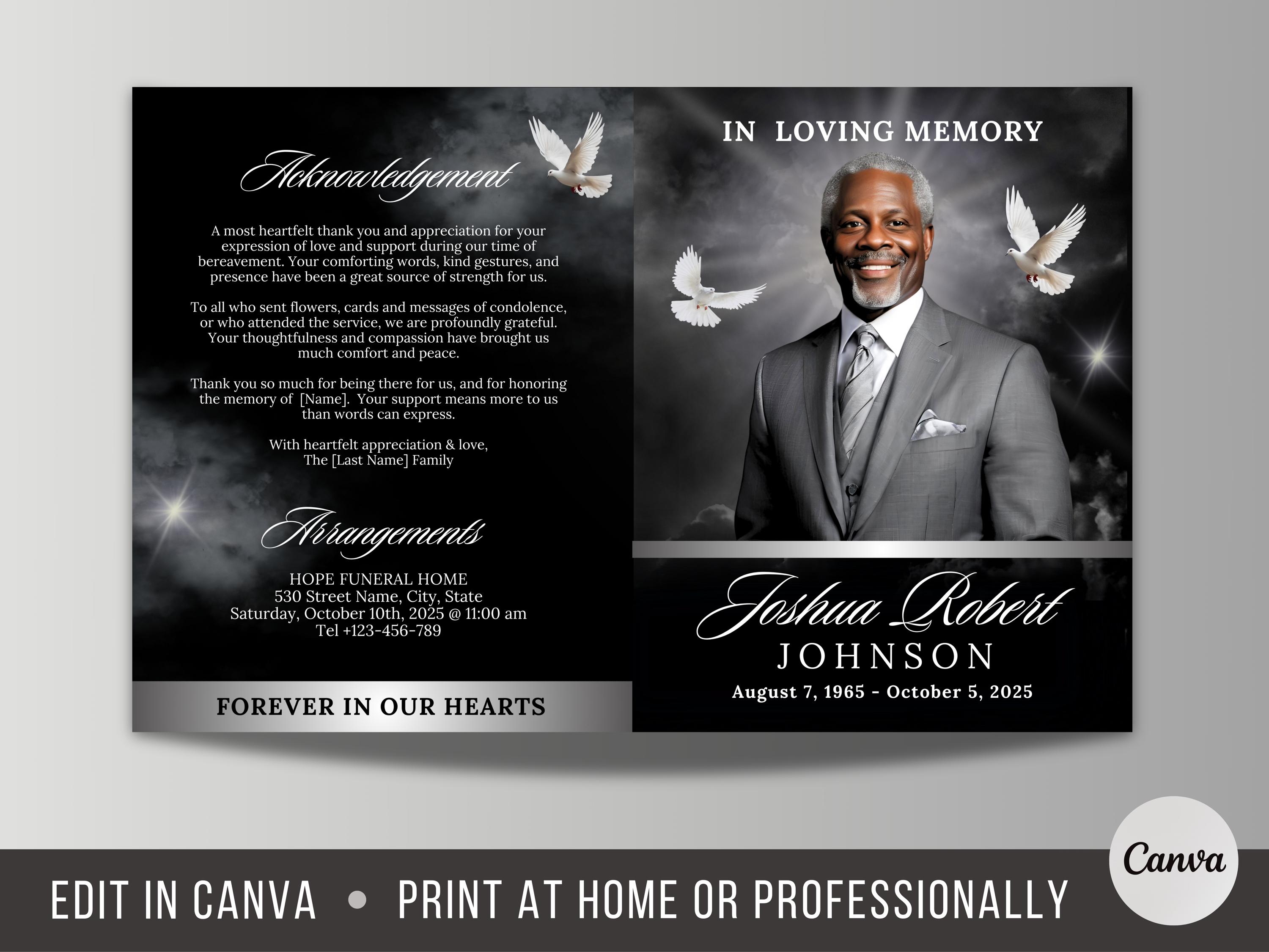 8 Page Black Silver Funeral Memorial Template, 8.5x11" Elegant Black ...
