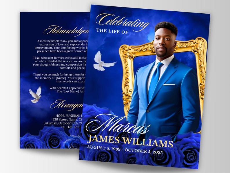 8.5"x11" Royal Blue Gold Funeral Program, 17"x11" Memorial Program ...