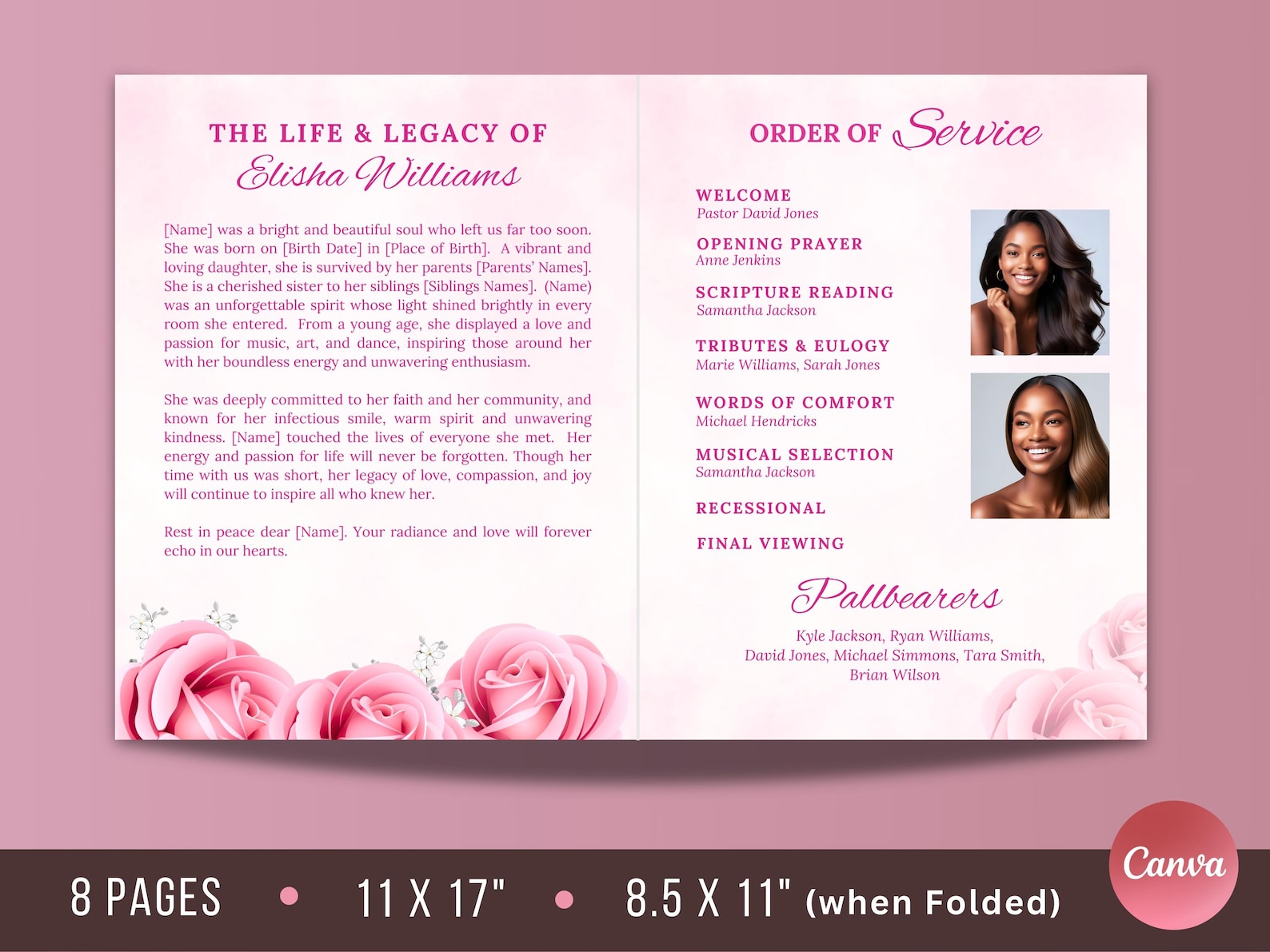 Pink Roses Funeral Program, 17" X 11" Funeral Template, 8 Page in ...