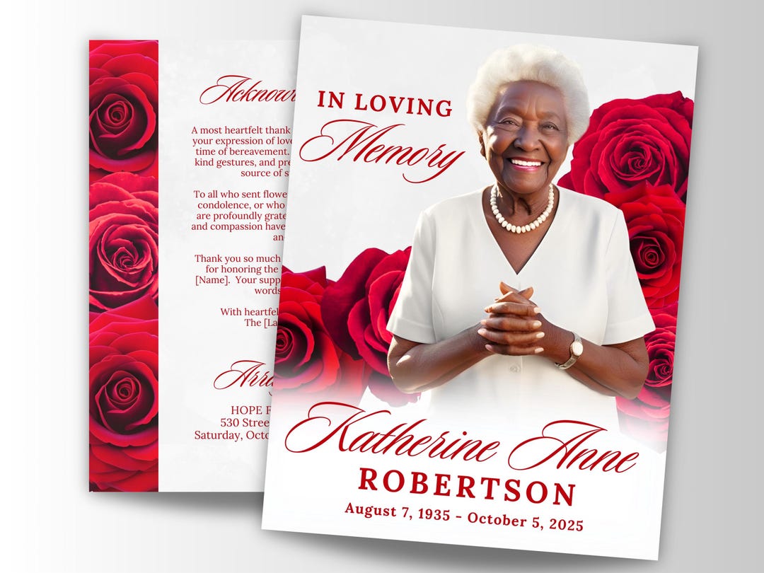 8 Pages Red Roses Funeral Program Template, 17"x11", Elegant Obituary ...