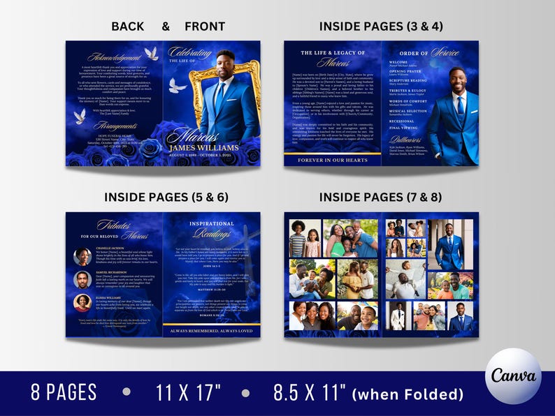 8.5"x11" Royal Blue Gold Funeral Program, 17"x11" Memorial Program ...