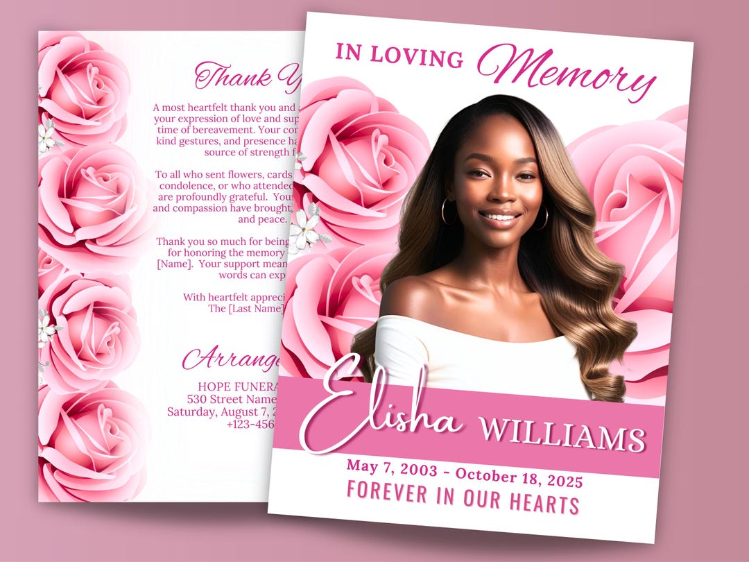 Pink Roses Funeral Program, 17" X 11" Funeral Template, 8 Page in ...