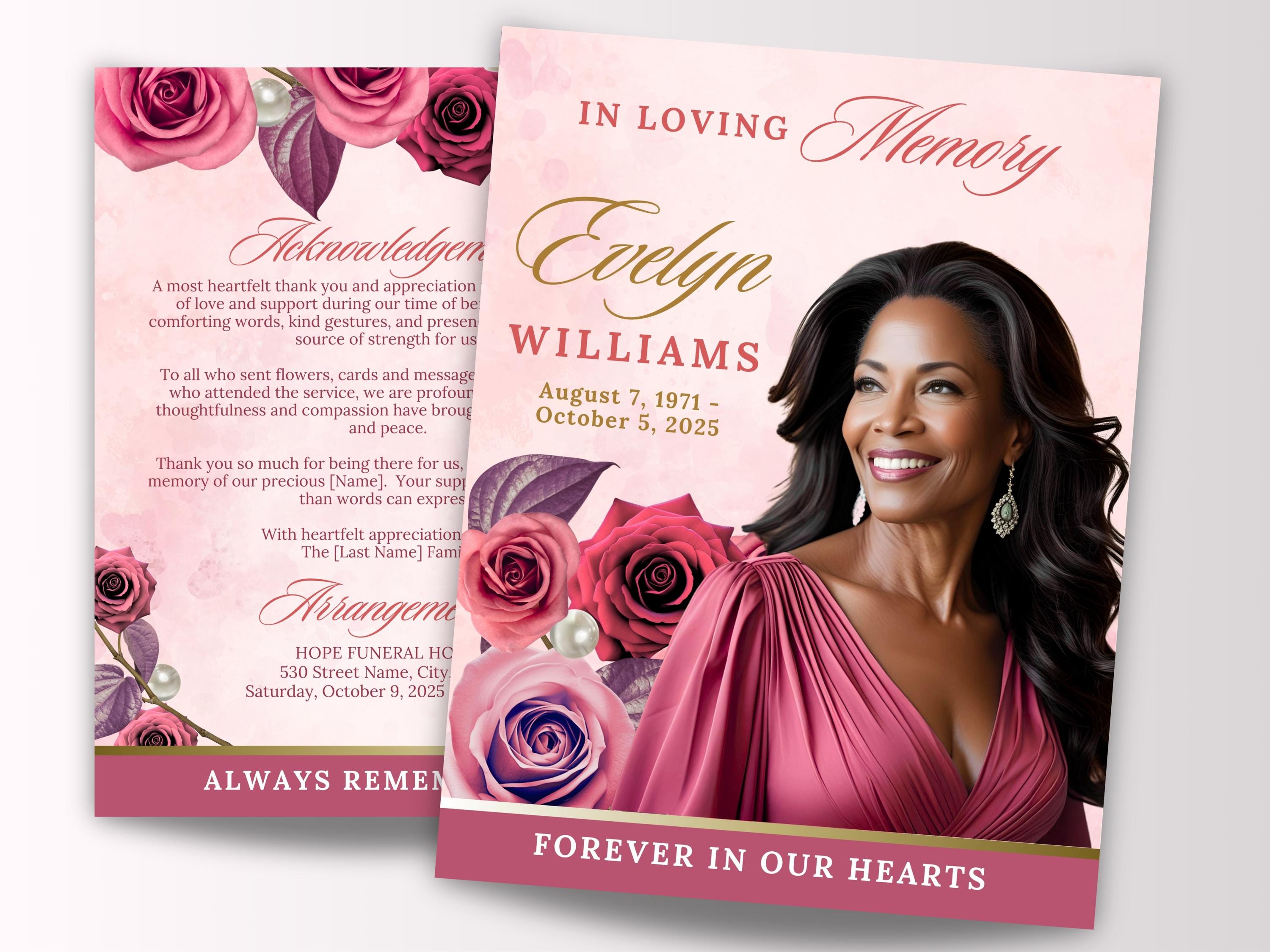 Pink Roses Funeral Program With Pearls, 17" X 11" Funeral Template, 8 ...
