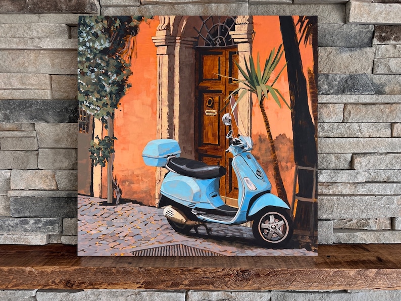Blue Vespa | Square Landscape Mounted Print, Rome Vespa Colorful ...