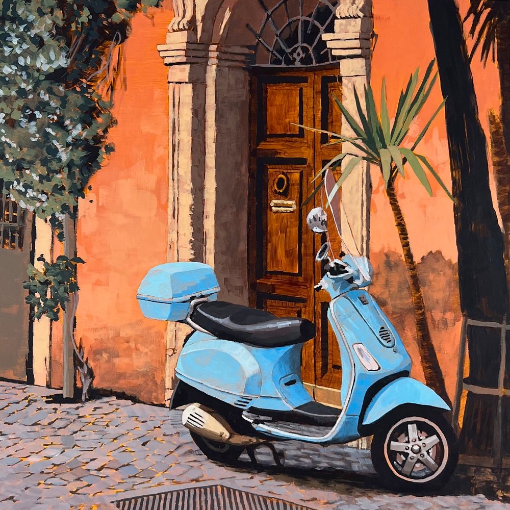 Blue Vespa | Square Landscape Mounted Print, Rome Vespa Colorful ...