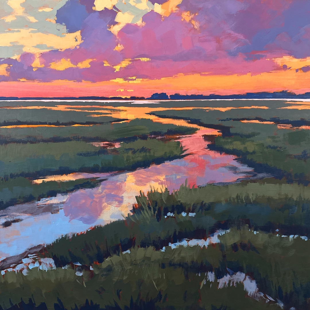 Tidal Wetlands | Square Landscape Mounted Print, Colorful Marsh Sunset ...