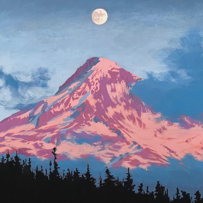 Mount Hood | Square Landscape Mounted Print, Moon Mountains Colorful ...