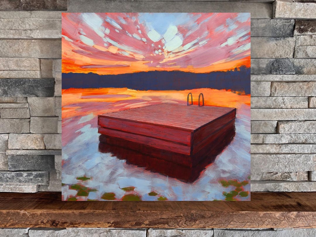 Summer Swim Raft | Square Landscape Mounted Print, Lake Sunset Cabin ...
