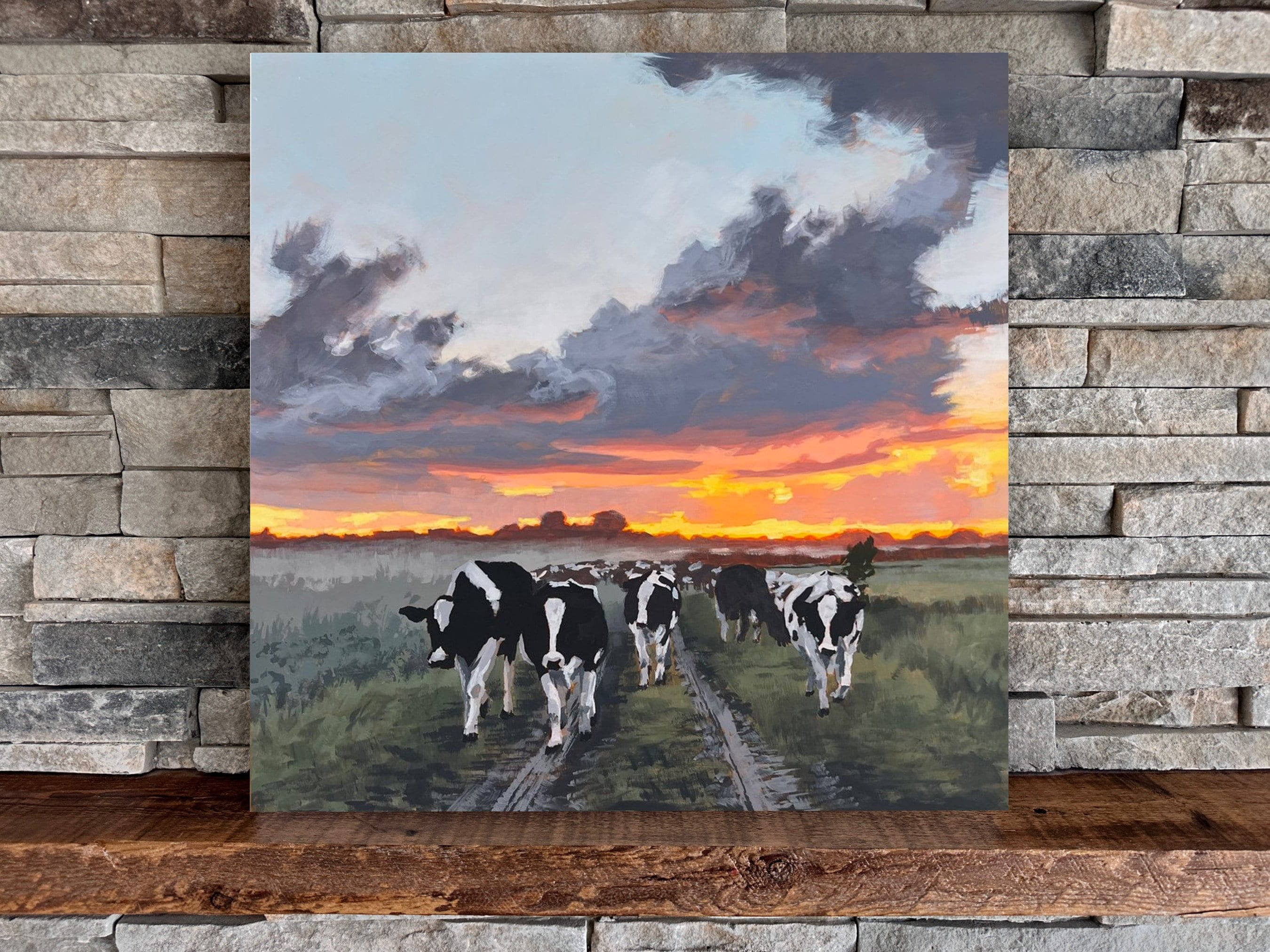 Dairy Cows | Square Landscape Mounted Print, Sunset Cows Colorful ...