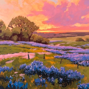 Bluebonnets | Square Landscape Mounted Print, Colorful Wildflower Field ...