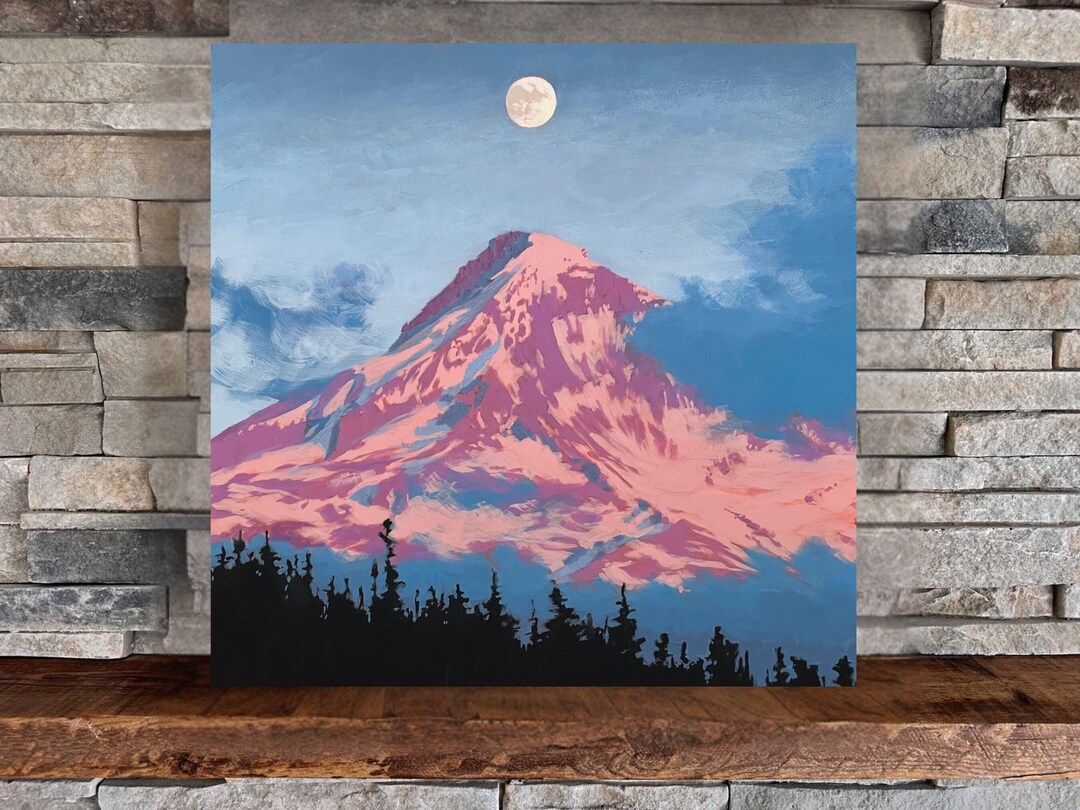 Mount Hood | Square Landscape Mounted Print, Moon Mountains Colorful ...
