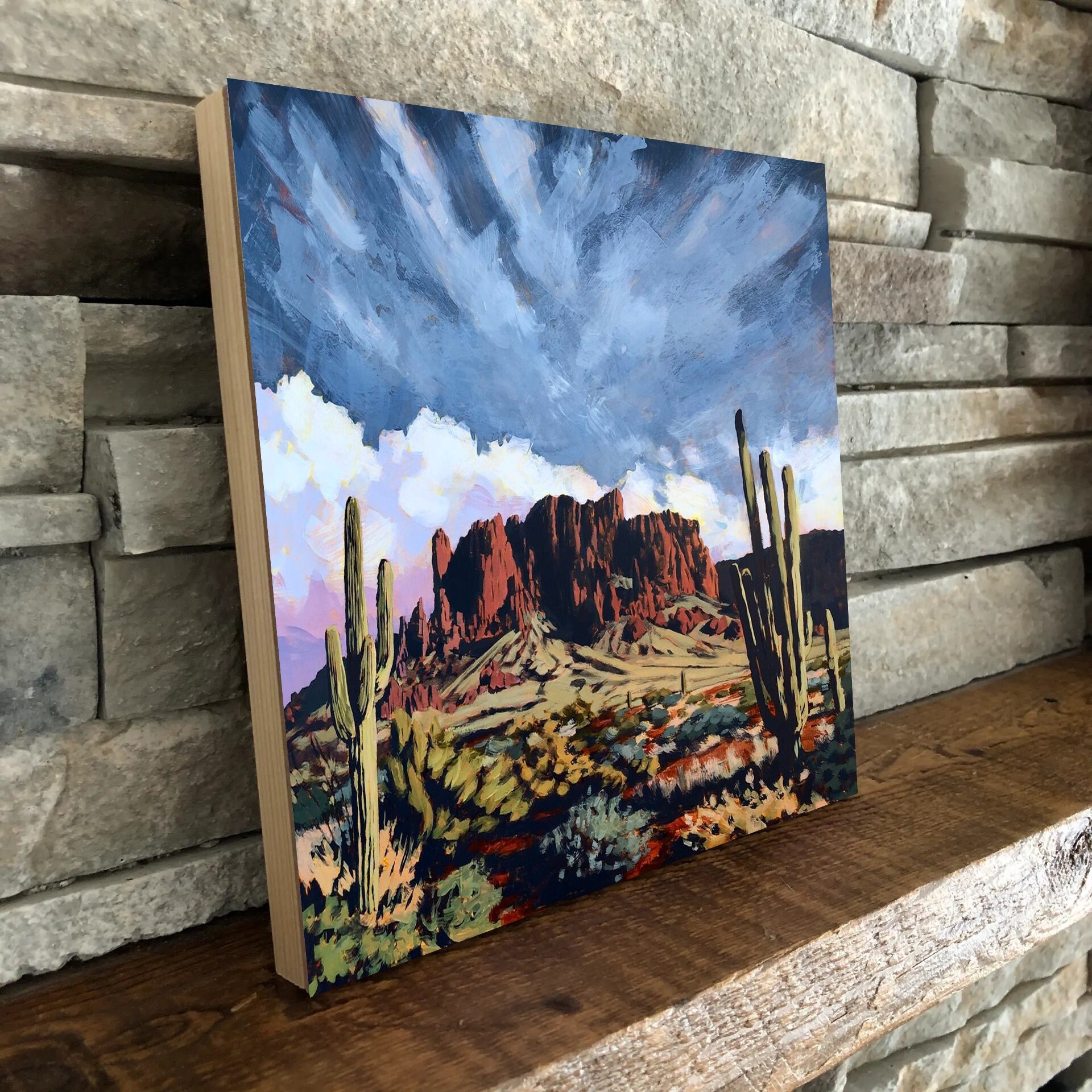 Superstition Mountains Square Landscape Mounted Print, Desert Cactus ...