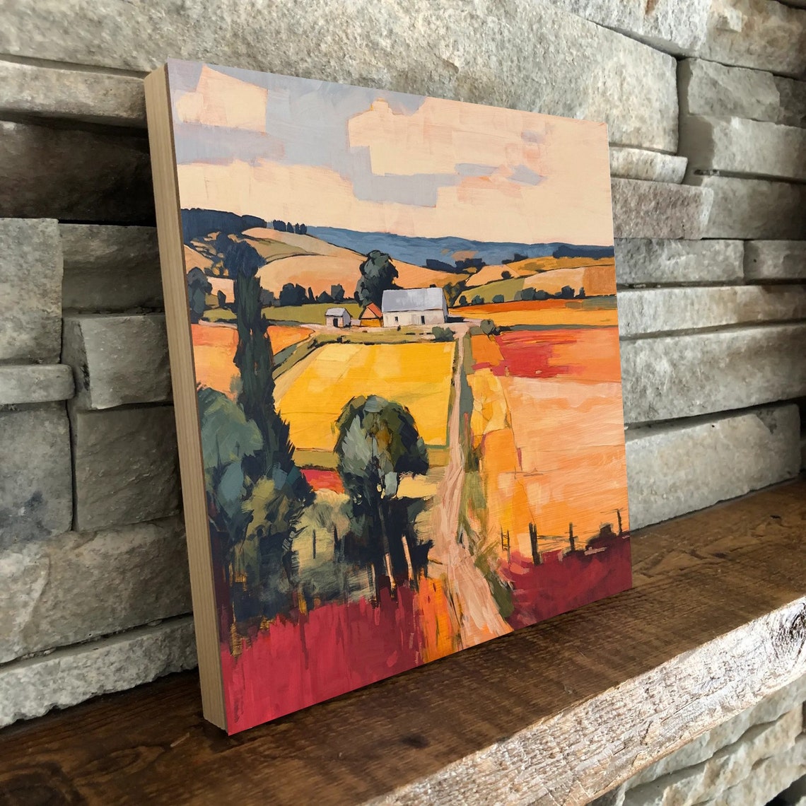 Patchwork Fields | Square Landscape Mounted Print, Farmland View Colorful Landscape Painting ...