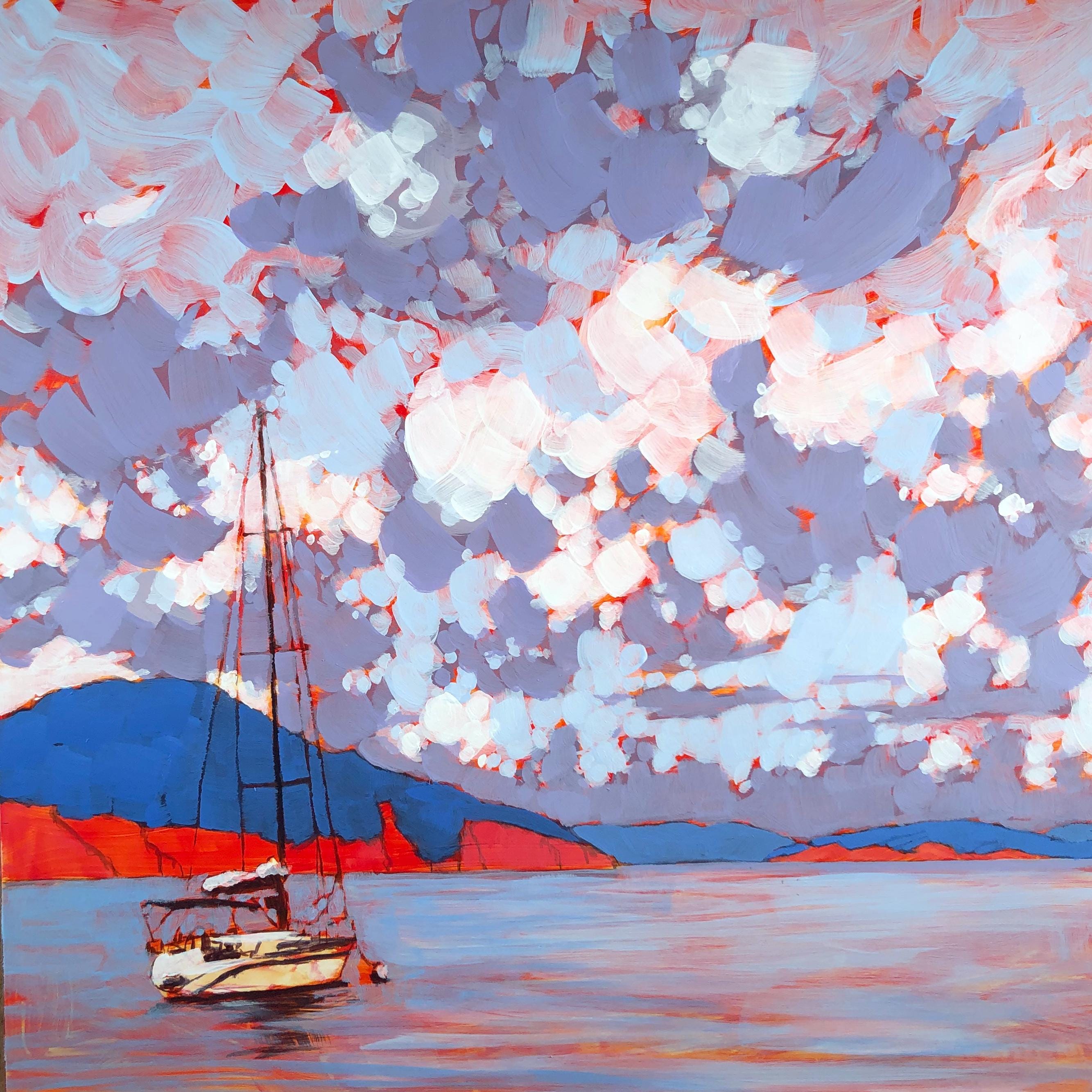 Coastal Cruiser | Square Landscape Mounted Print, Ocean Boat Colorful ...