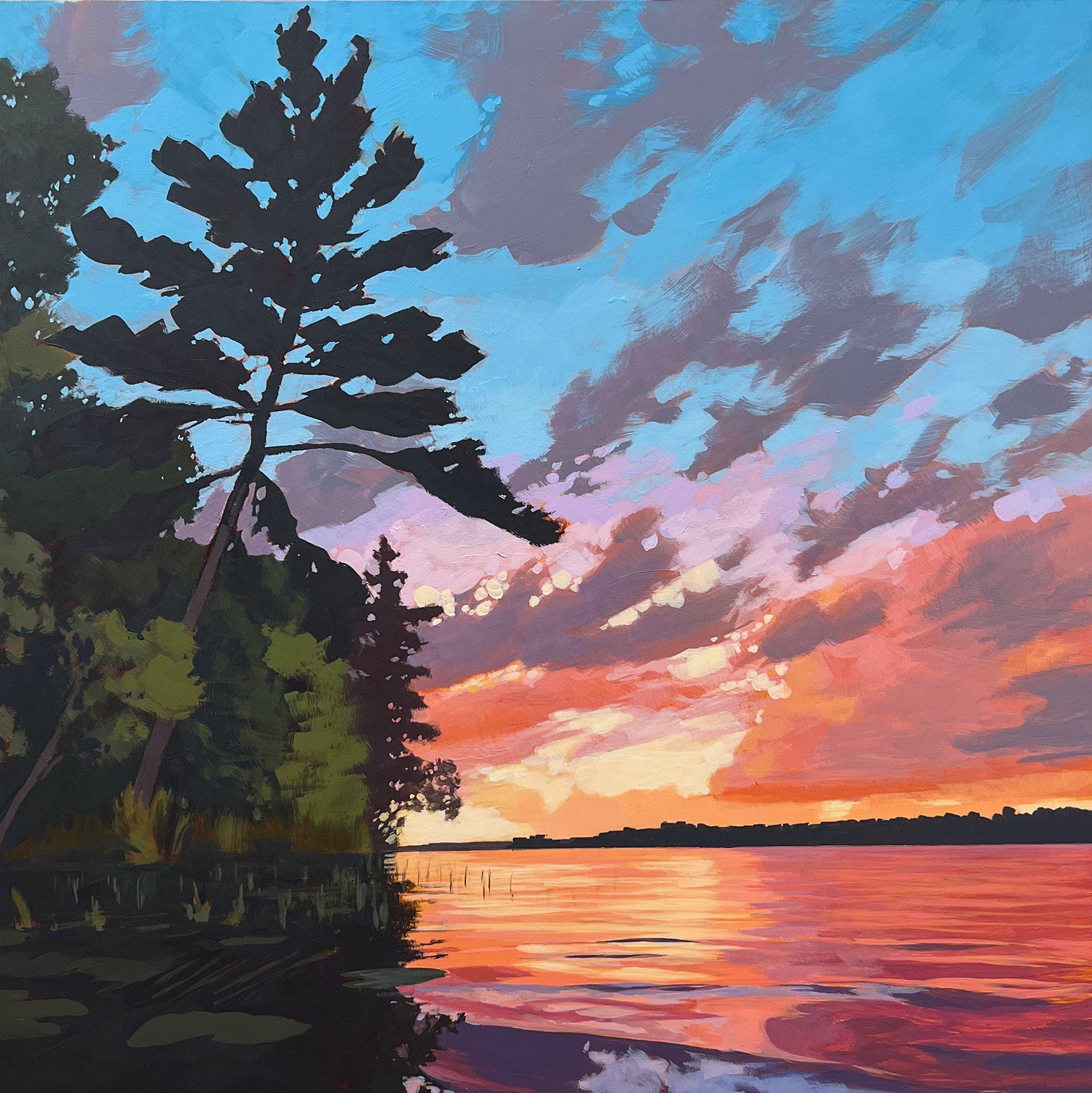Northwoods Lake | Square Landscape Mounted Print, Lake Sunset Colorful ...