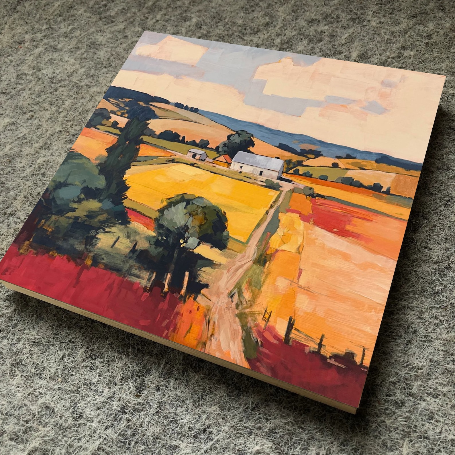 Patchwork Fields | Square Landscape Mounted Print, Farmland View Colorful Landscape Painting ...