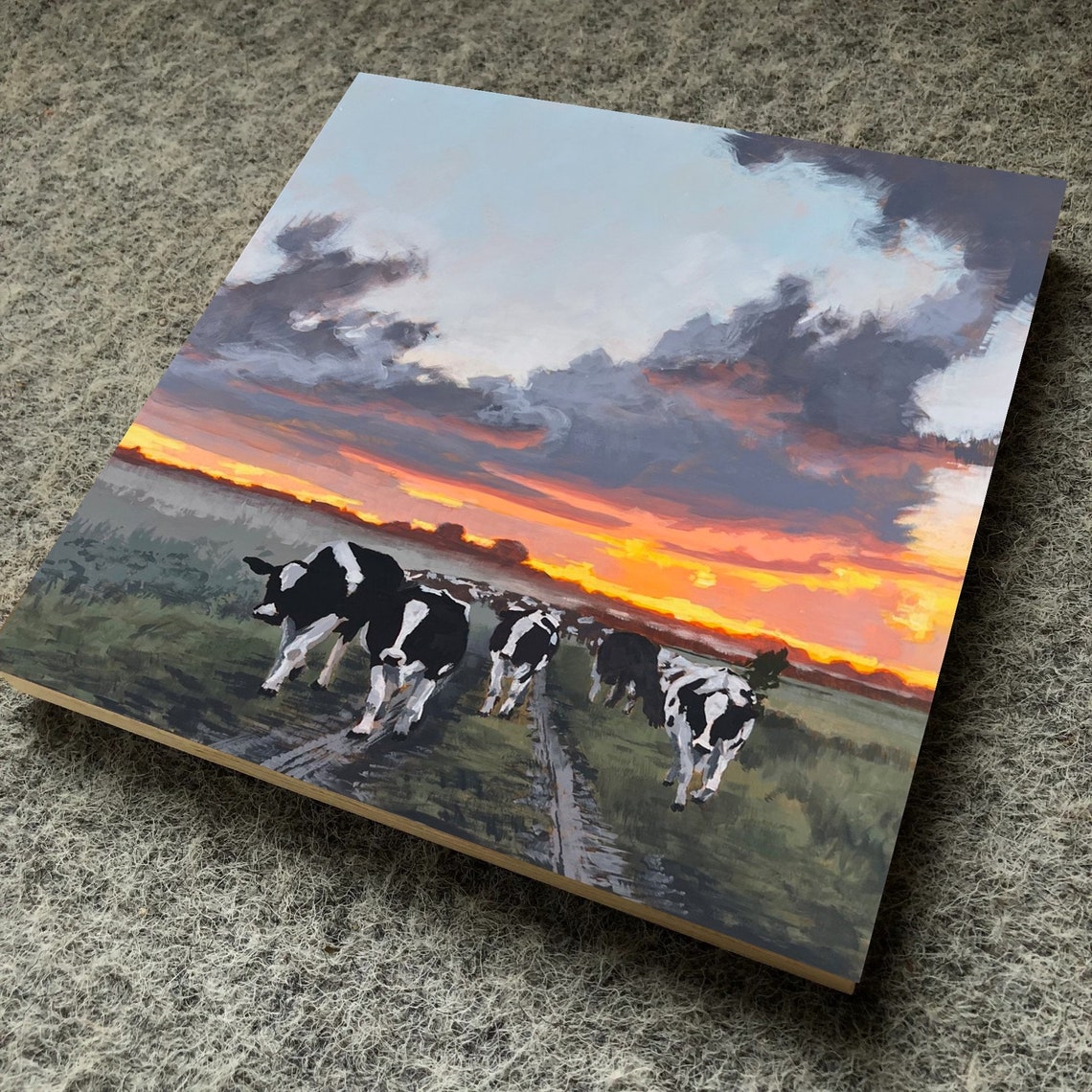 Dairy Cows | Square Landscape Mounted Print, Sunset Cows Colorful ...