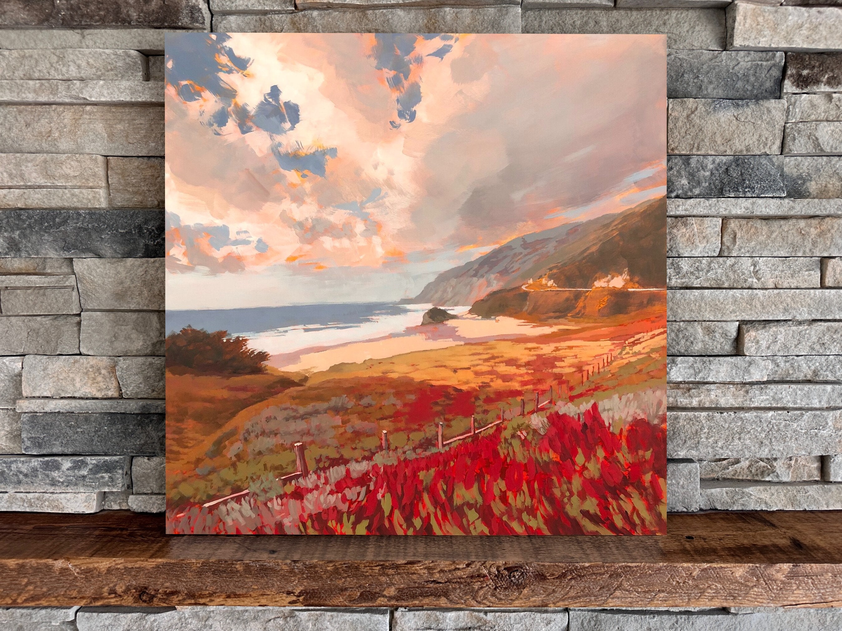 Pacific Coast | Square Landscape Mounted Print, Coastal Wildflowers Colorful Landscape Painting ...