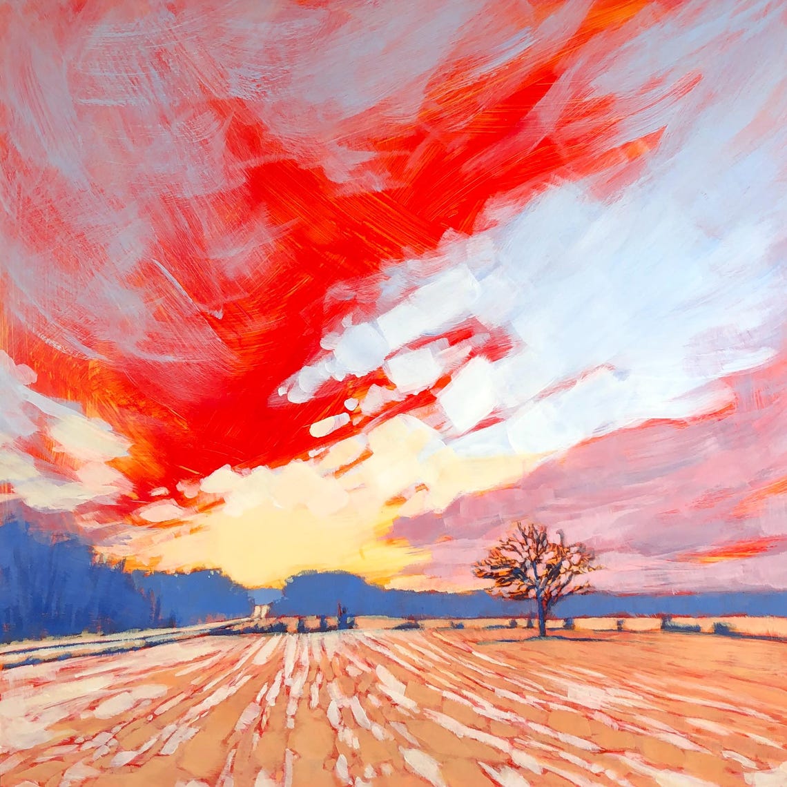 Blaze Winter Sky | Square Landscape Mounted Print, Prairie Farm Field ...
