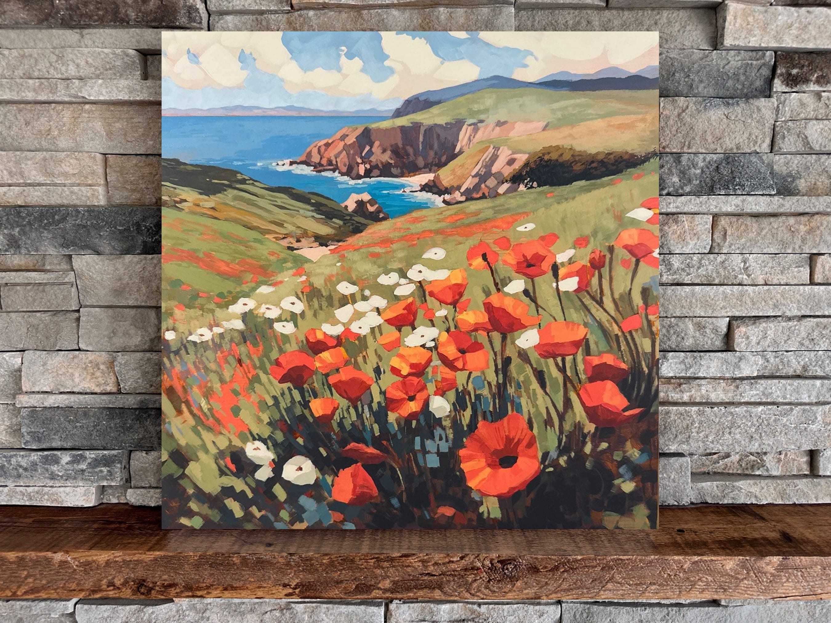 Coastal Poppies Square Landscape Mounted Print, Coastal Wildflowers ...