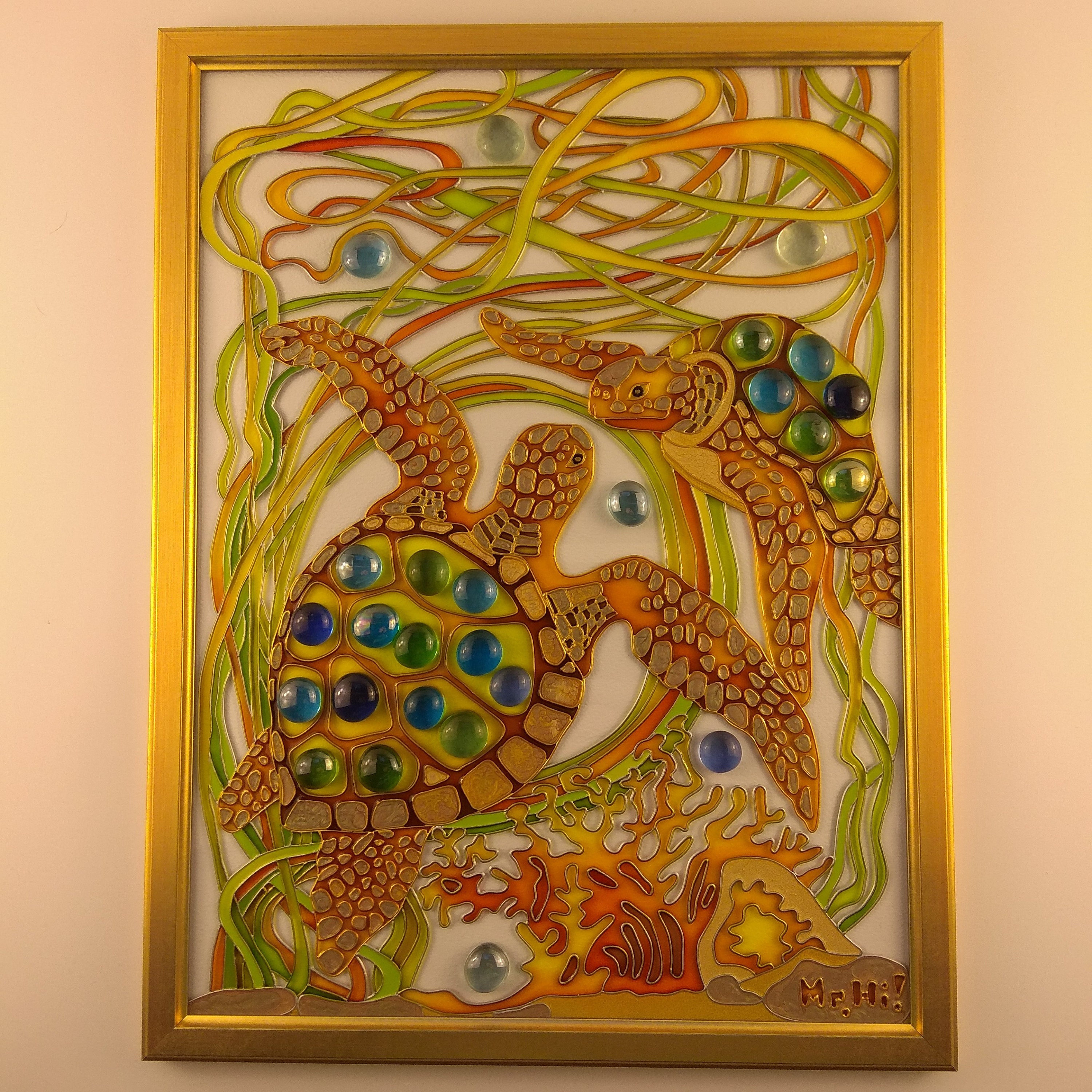 Sea Turtles, Stained Glass Painting Painting With Glass Pebbles by Mr ...