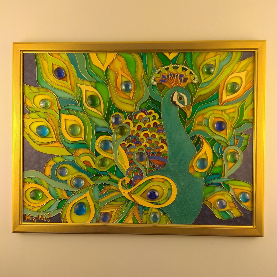 The Peacock, Stained Glass Painting With Glass Pebbles by Mr.hi! - Etsy