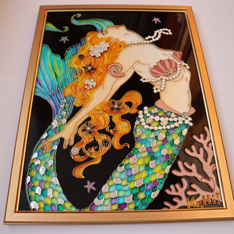 The Mermaid Stained Glass Painting With Jewelry by Mrhi - Etsy