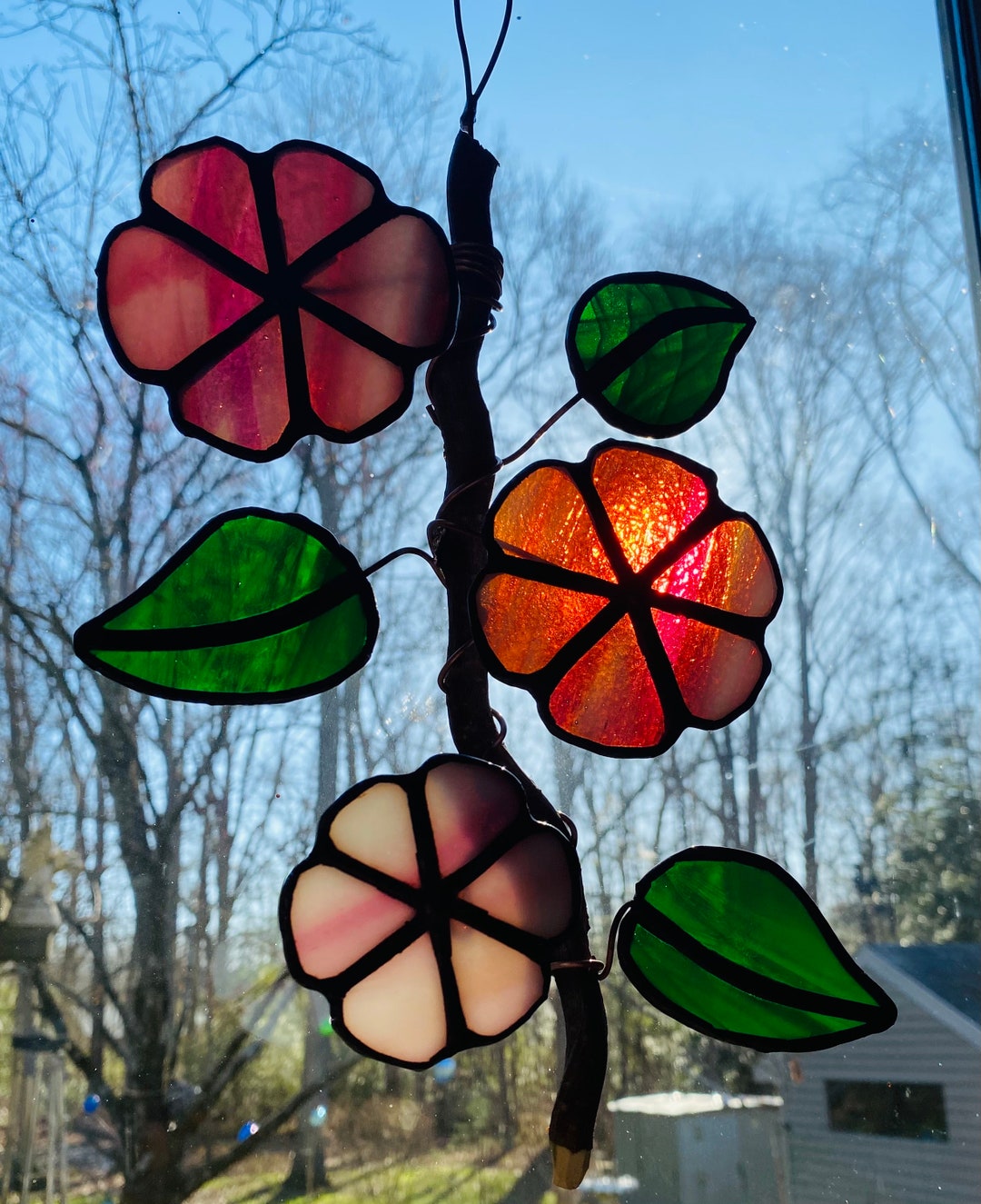 Pink Stained Glass Flower Window Hanging • Boho Organic Flower ...