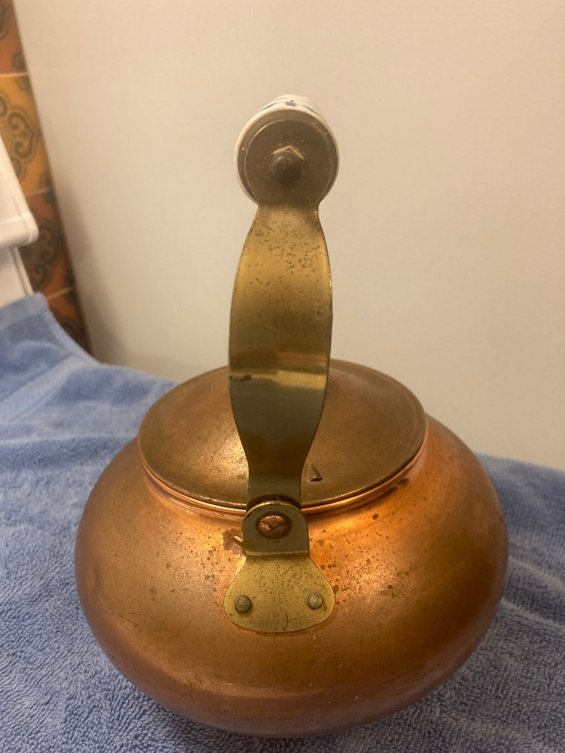 Copper Kettle With Delft Blue Ceramic Handles & BIG DENT - Etsy